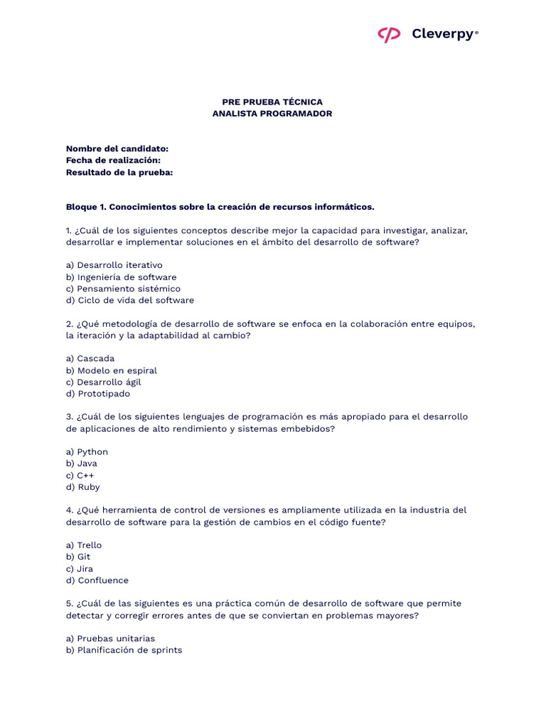 Pre Prueba - Analista Programador | PDF | Software | Ingeniería de software