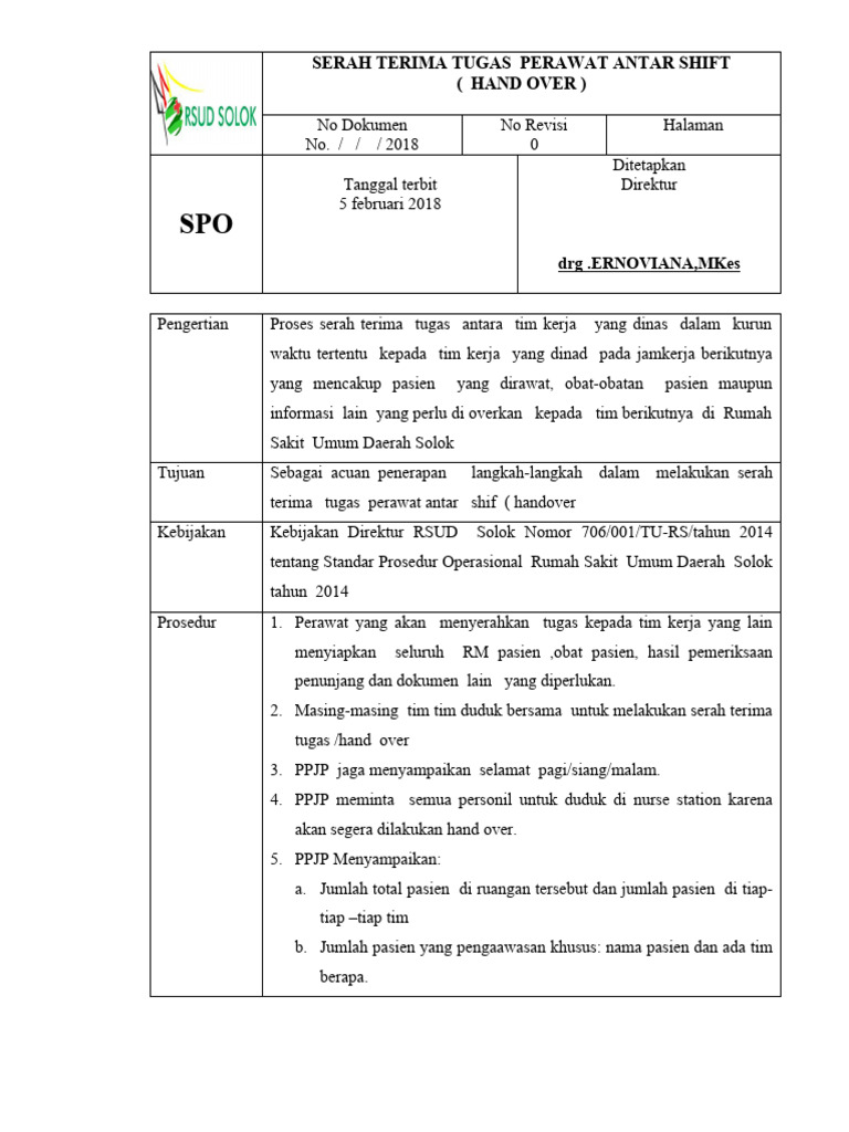 SPO Serah Terima Tugas Perawat Antar Shift (Hand Over) | PDF