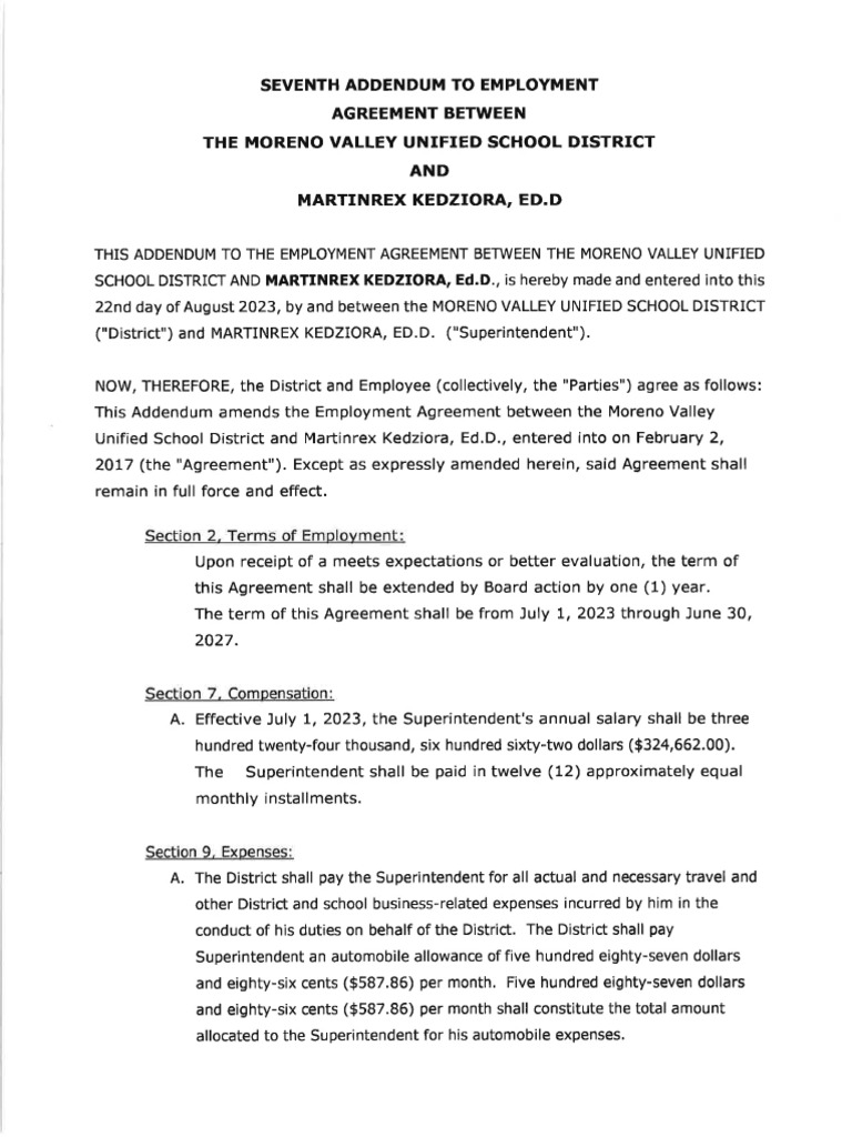 Board Approval 8.22.23 - Dr. Kedziora - Seventh Addendum To Superintendent Contract Eff. July 1 ...