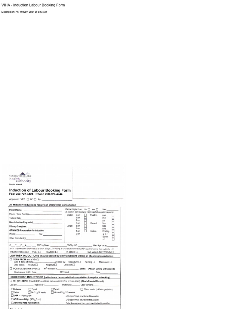 VIHA - Induction Labour Booking Form - Juno EMR Support Portal | PDF