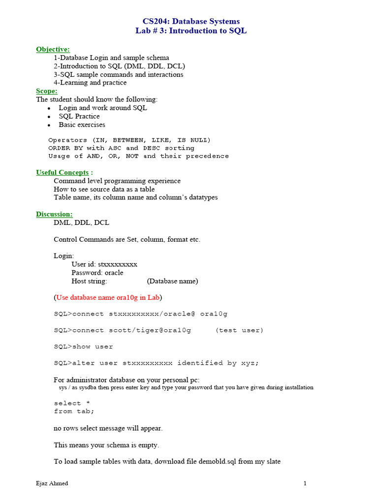 Oracle Database Management Lab 03 Pdf Sql Table Database