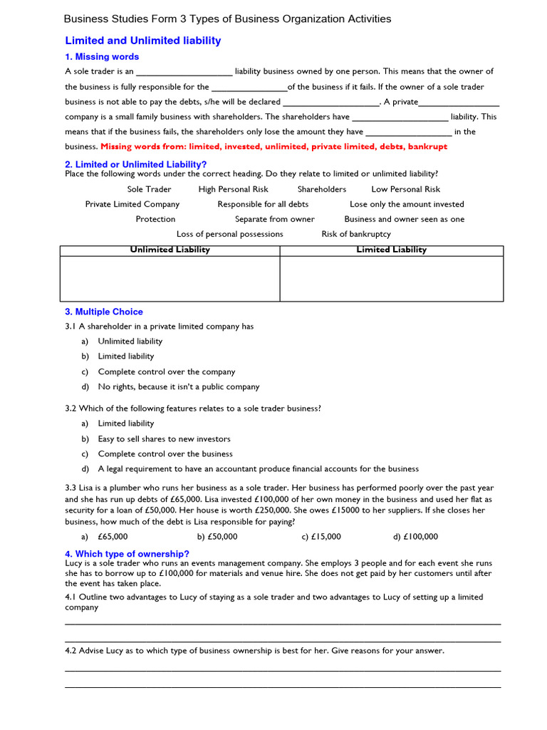 Business Studies 3F Activities Types of Organizations | PDF | Limited ...
