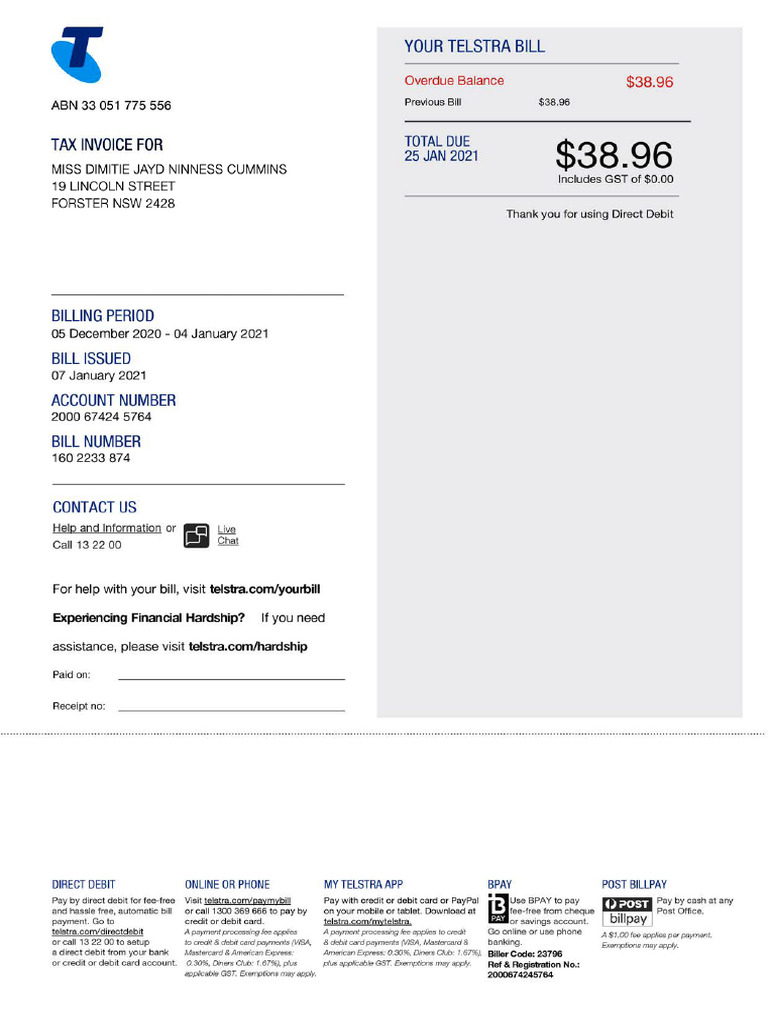Telstra Australia Example Bill Template | PDF