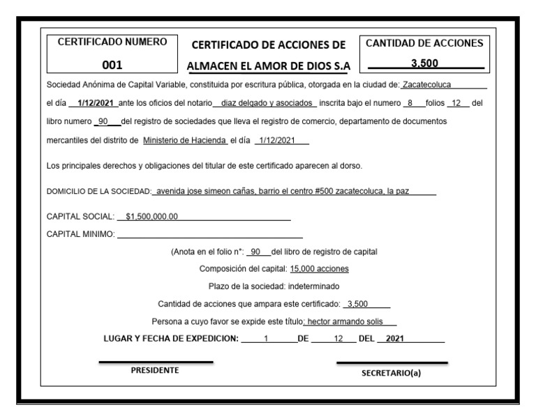 Plantilla De Certificado De Acciones Para Word