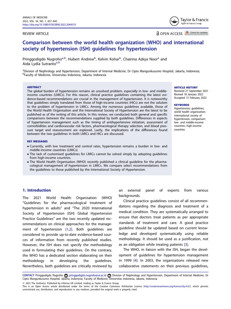 WHO vs ISH Hypertension Guidelines Comparison | PDF | Hypertension ...