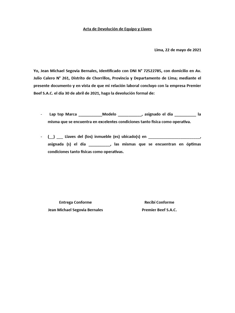 Acta de Devolución de Equipo y Llaves | PDF Acta de Devolución de Equipo y Llaves | PDF