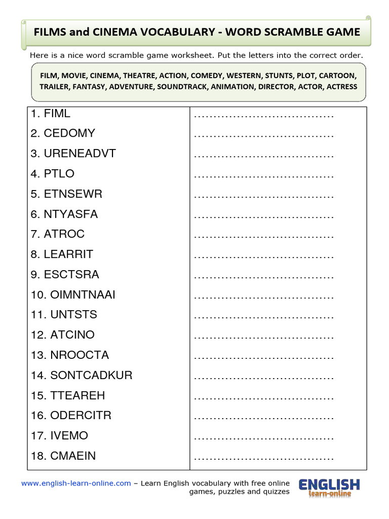 films-cinema-vocabulary-word-scramble-game-worksheet | PDF