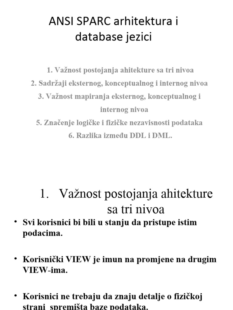 ANSI SPARC Arhitektura I Database Jezici | PDF