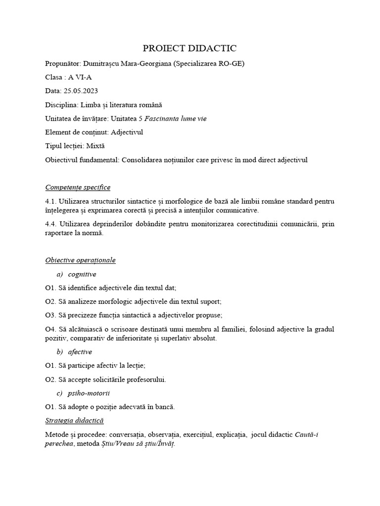 Proiect Didactic Gimnaziu (Model) | PDF
