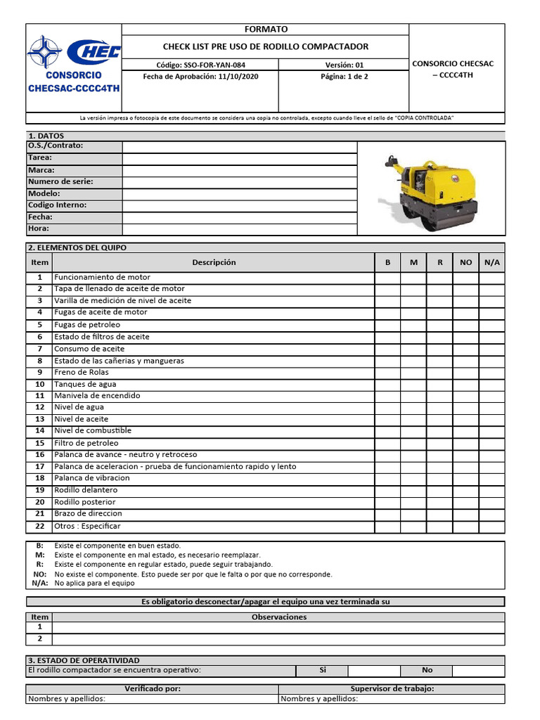 Check List Pre Uso Rodillo Compactador | PDF