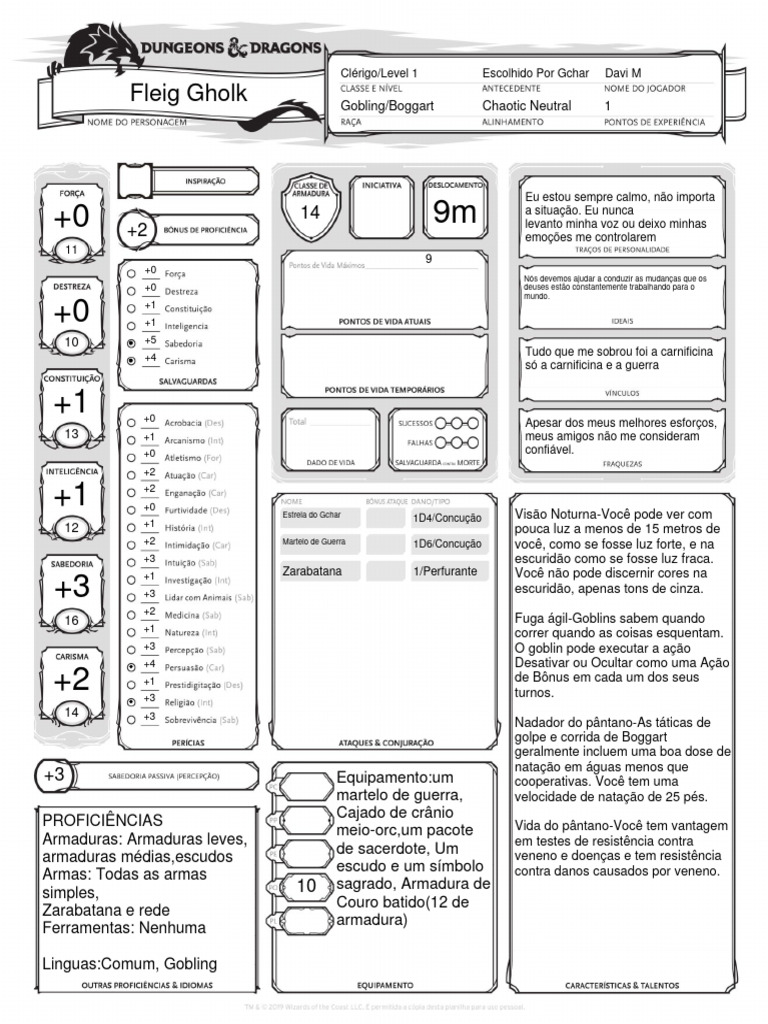 Ficha D&D Clérigo Goblin 1 | PDF