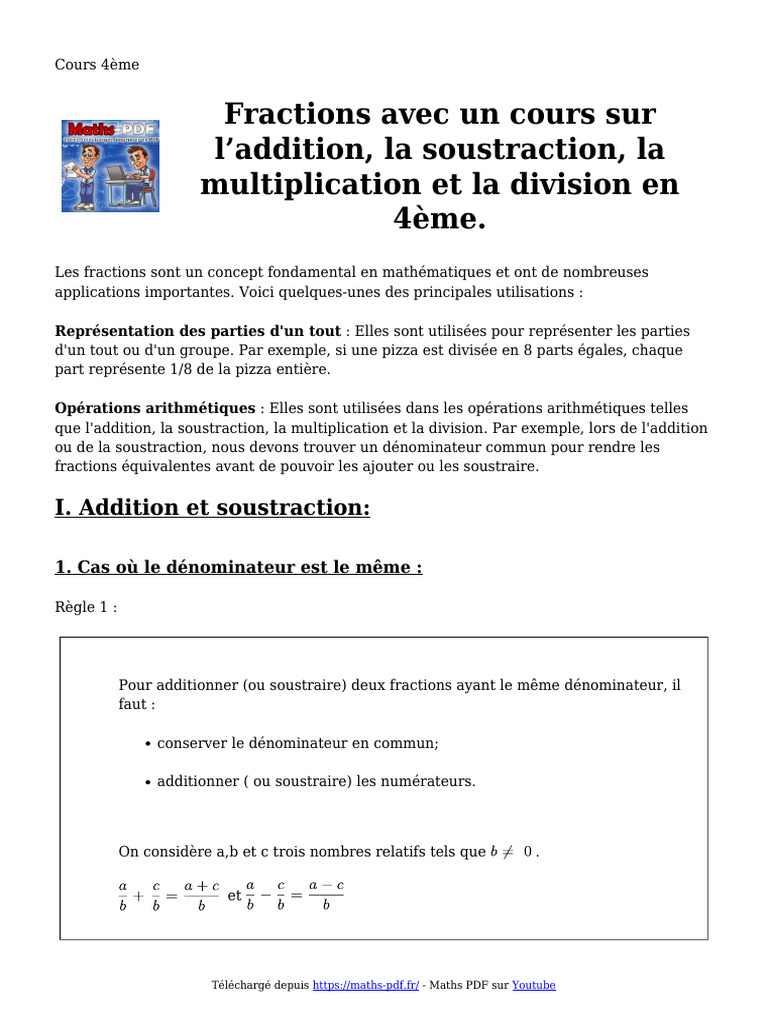 Fractions Avec Un Cours Sur Laddition La Soustraction La Multiplication ...