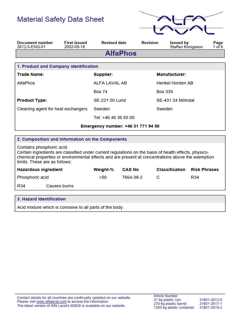 SDS AlfaPhos | Download Free PDF | Materials | Safety