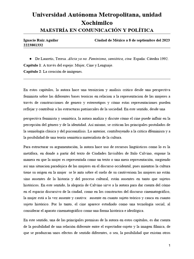 Feminismo y Cine: Análisis Semiótico | PDF | Semiótica | Subjetividad