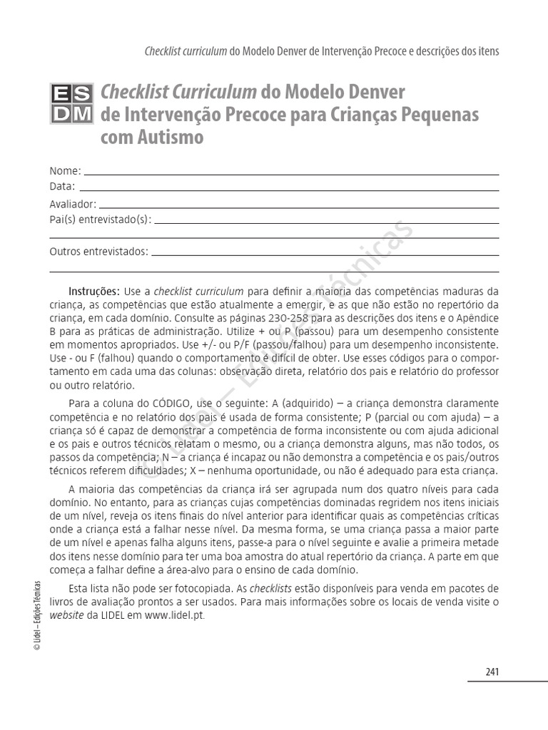 Checklist Denver | PDF | Espectro do autismo | Aprendizado