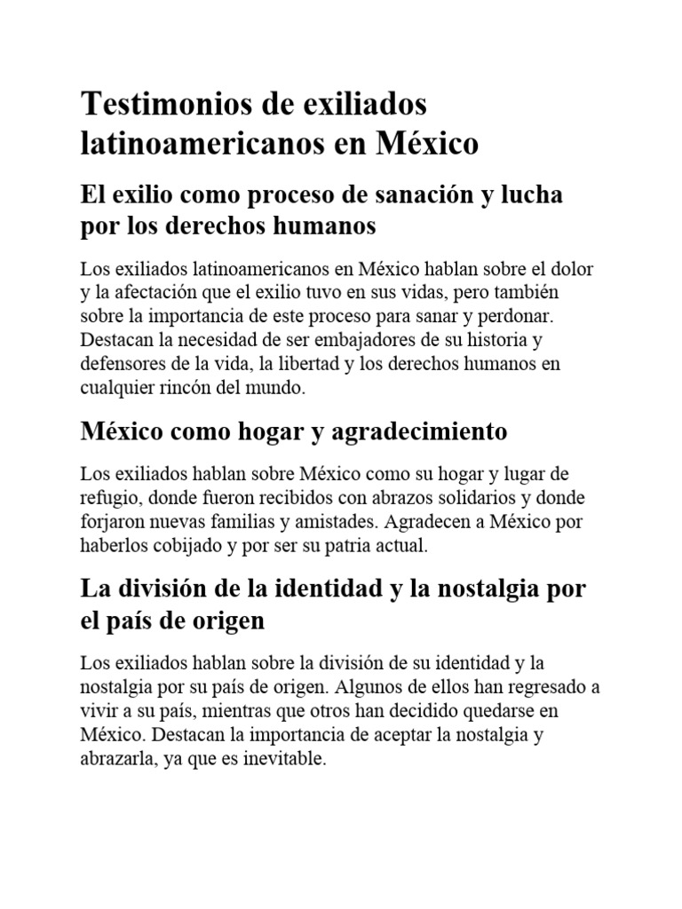Resumen - Testimonios de Exiliados Latinoamericanos en México | PDF