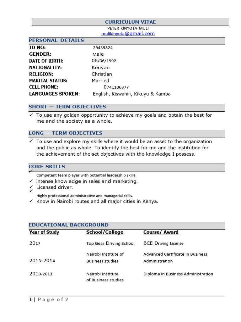 Peter Kinyota's CV | PDF | Kenya