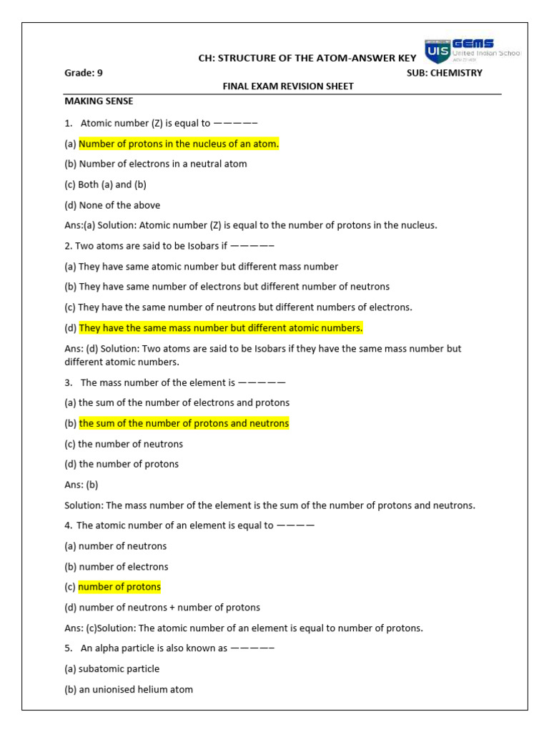 Grade 9 Atomic Structure Answer Key | PDF | Atoms | Isotope