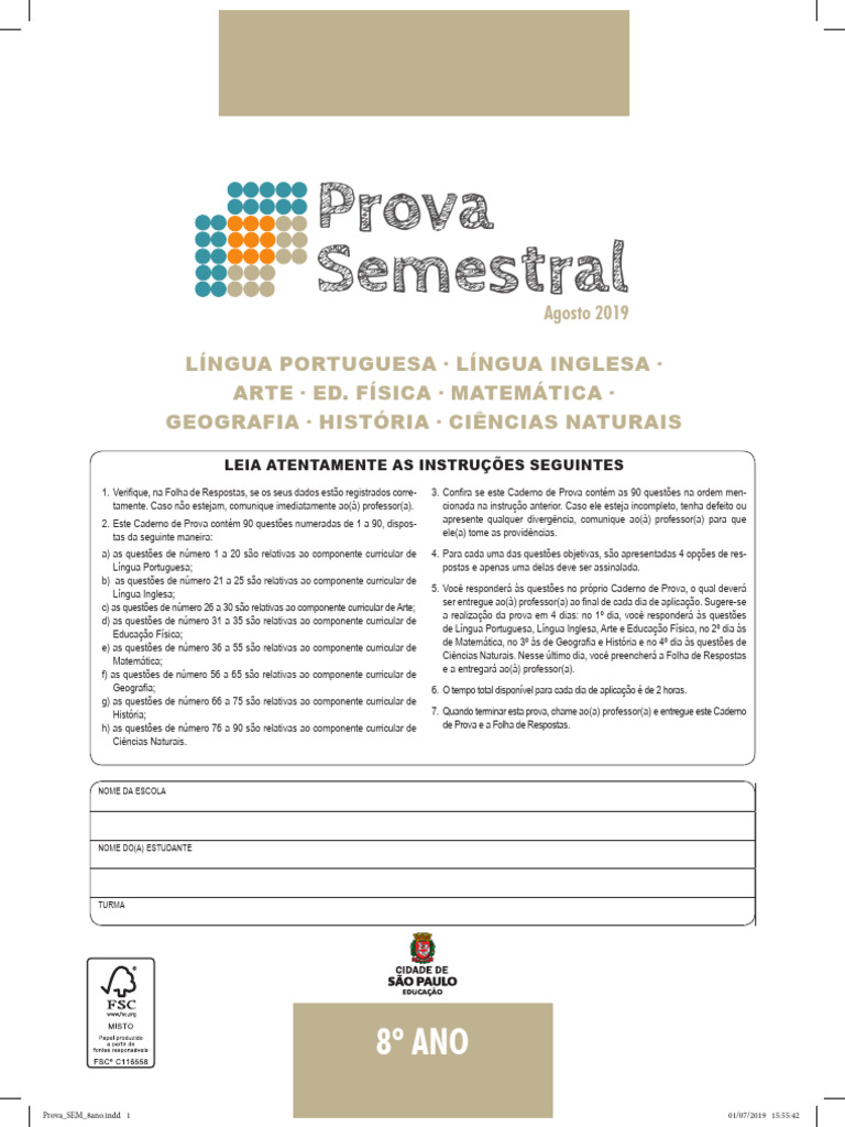 Prova Semestral 2019 8º Ano Compressed | PDF