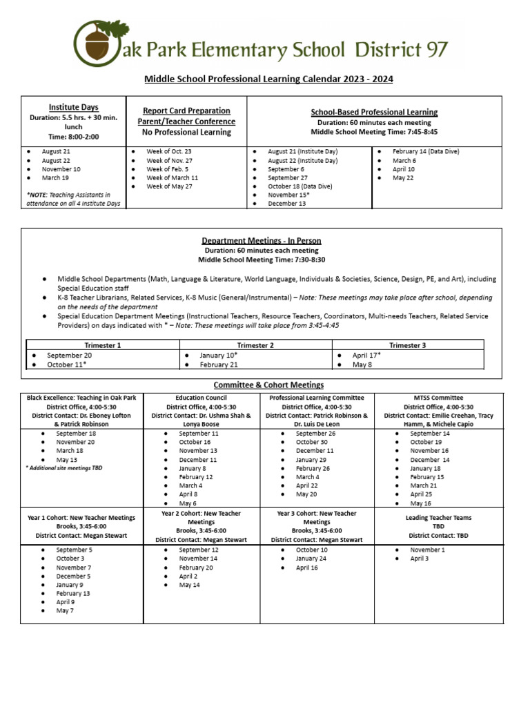 Middle School Professional Learning Calendar 2023 - 2024 1 | PDF ...