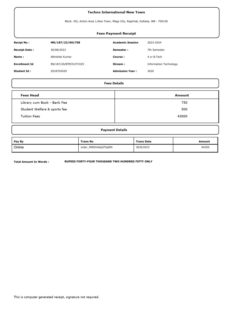 Student Payment Receipt (7th Sem) | PDF
