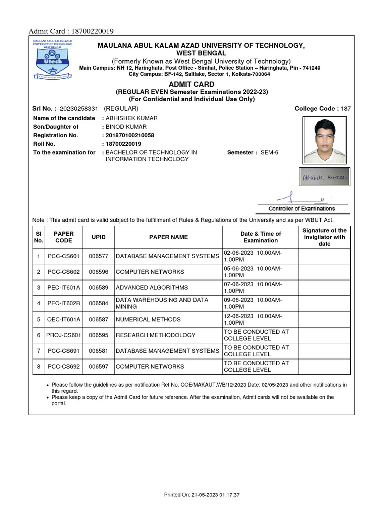 Admitcard (6thsem) | PDF | Data | Data Management