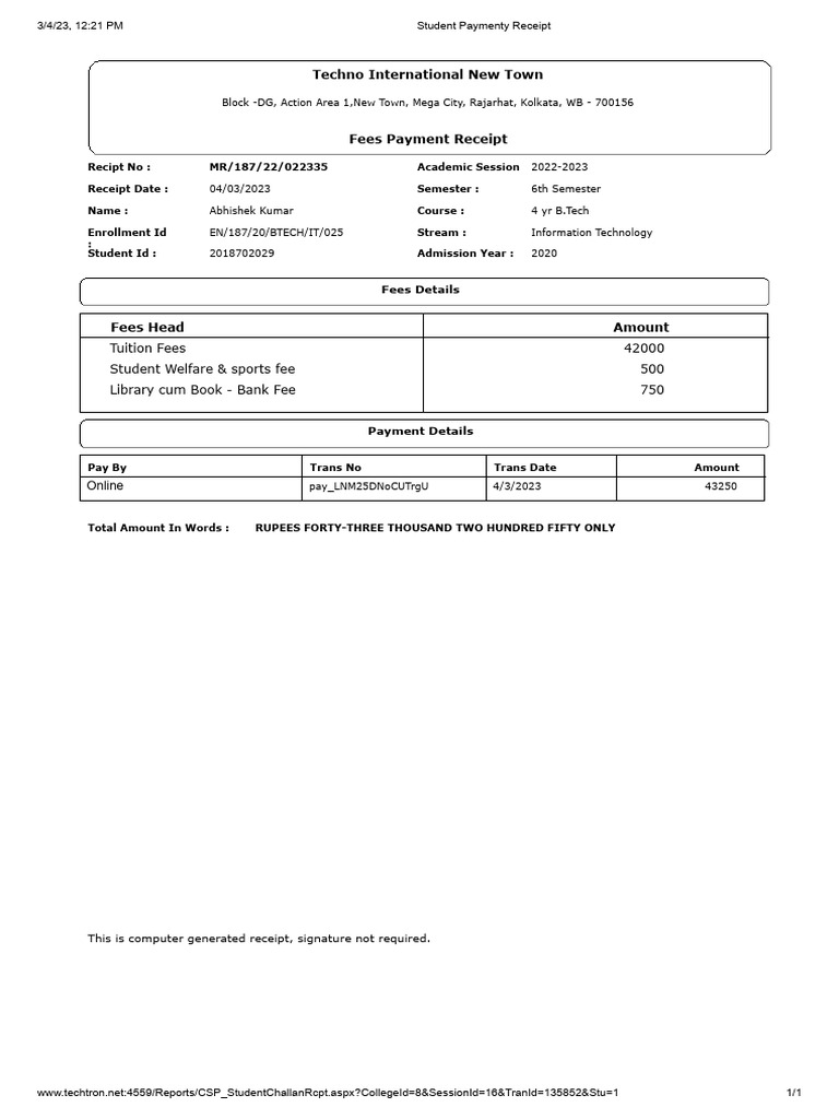 Student Payment Receipt (6th Sem) | PDF