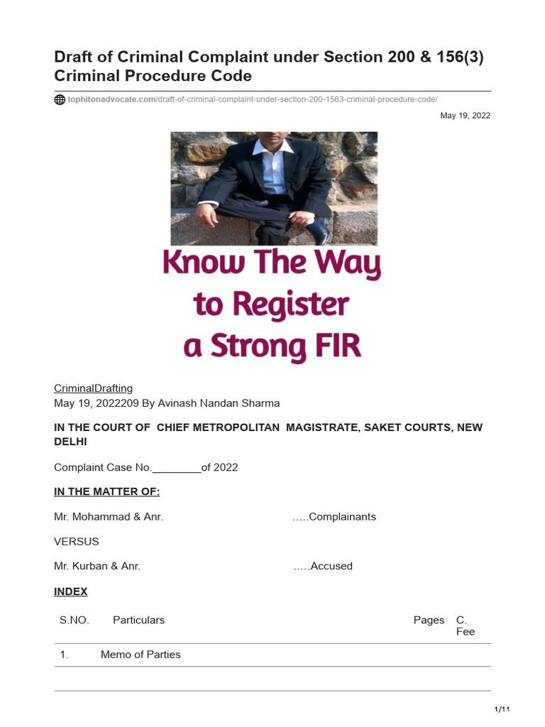 Draft of Criminal Complaint Under Section 200 1563 Criminal Procedure Code | PDF | Cheque ...