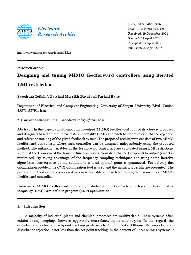 Designing and Tuning MIMO Feedforward Controllers Using Iterated | PDF | Control Theory ...