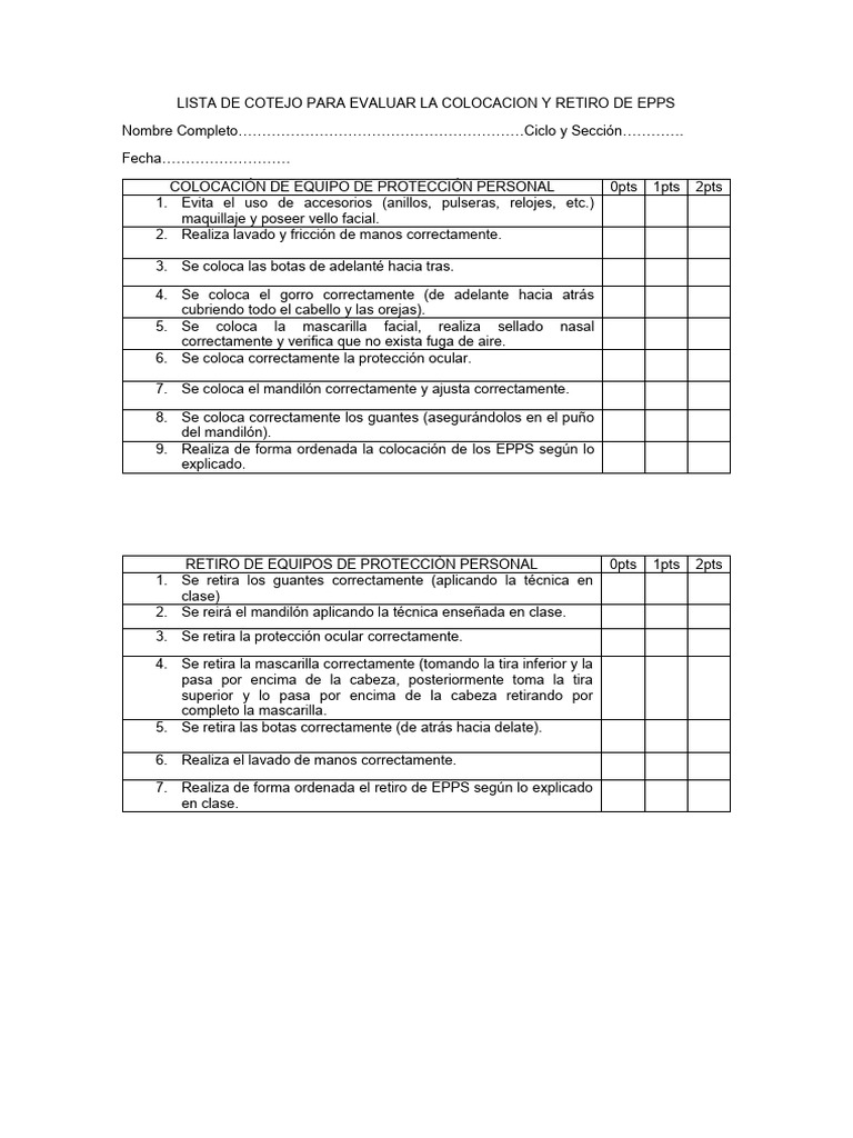 Lista de Cotejo para Evaluar La Colocacion y Retiro de Epps | PDF