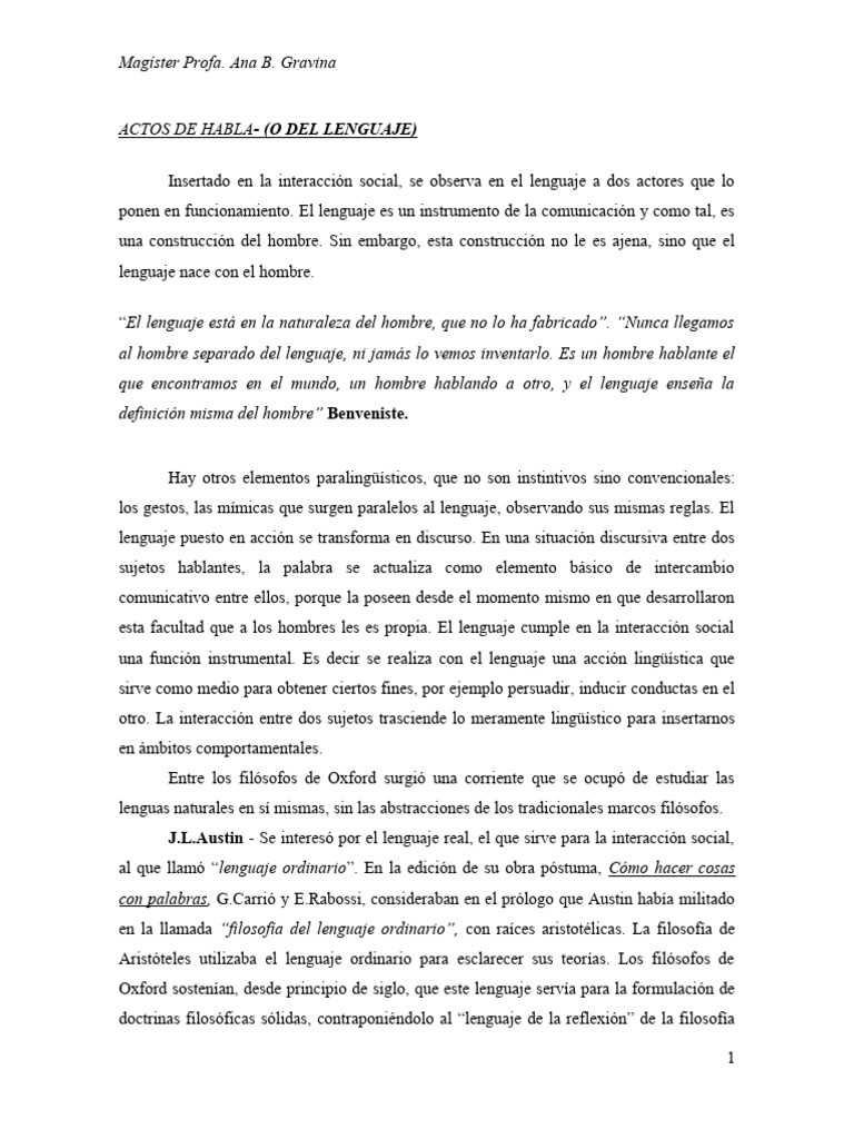 Teoría de Actos de Habla de Austin | PDF | Lingüística | Comunicación ...