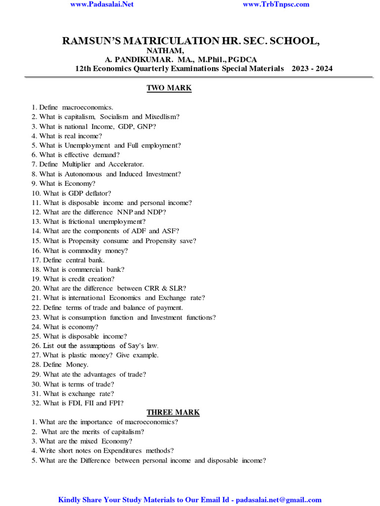 12th Economics EM Important Questions English Medium PDF Download | PDF | Economies | Macroeconomics