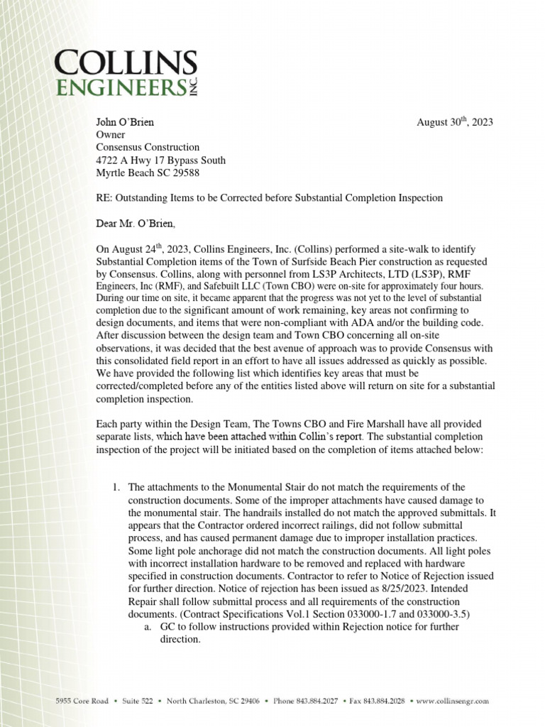 Substantial Completion Discrepancy Letter | Download Free PDF | Stairs ...