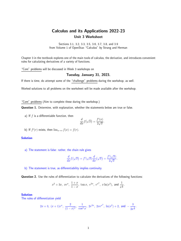 Worksheet 3 Solutions | PDF | Derivative | Mathematical Analysis