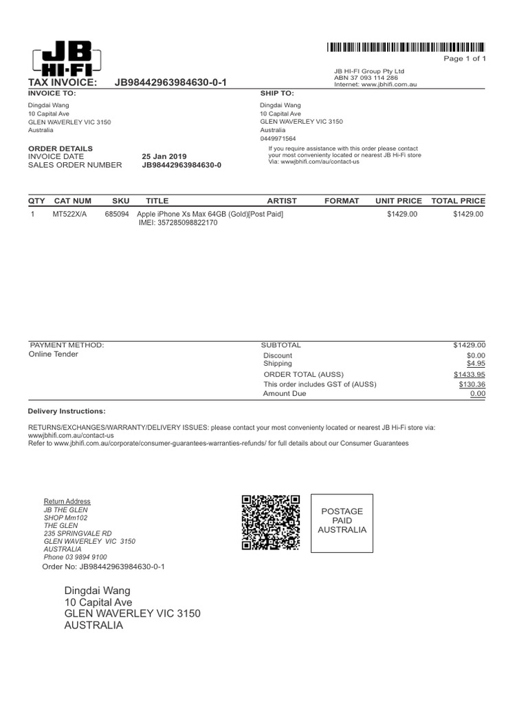 JB Hi-Fi Invoice for iPhone XS Max | PDF | Invoice | I Phone