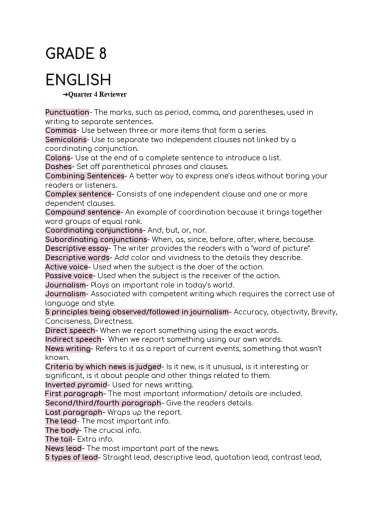 Grade 8 English (4th Quarter Reviewer | PDF | Printmaking