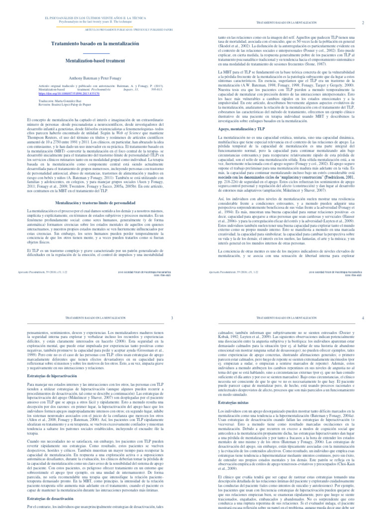 Bateman Fonagy Tratamiento Basado en La Mentalizacion | PDF | Trastorno límite de la ...