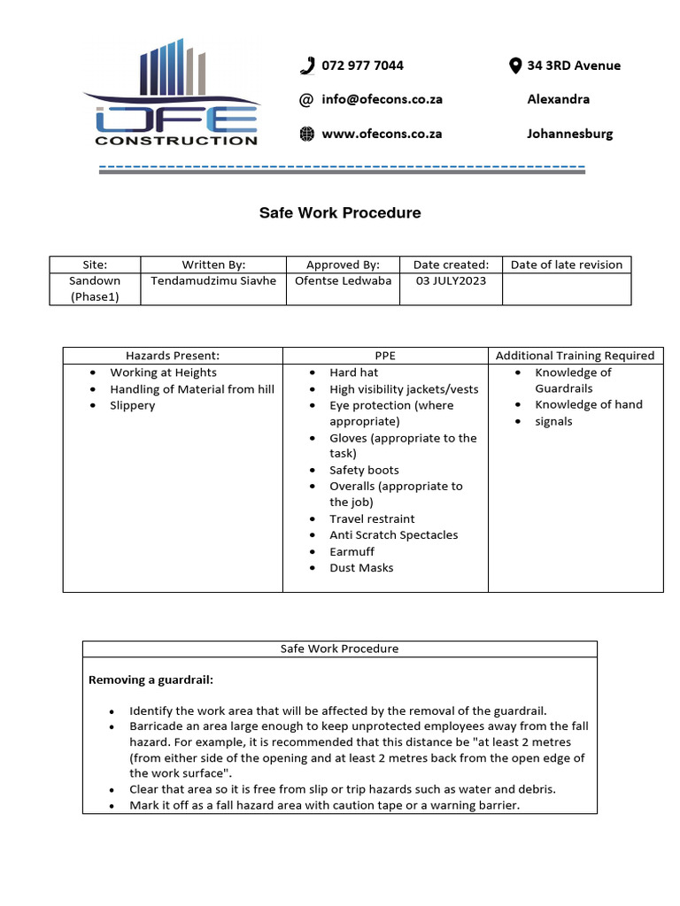 Ofe Safe Work Procedure | PDF | Personal Protective Equipment | Safety
