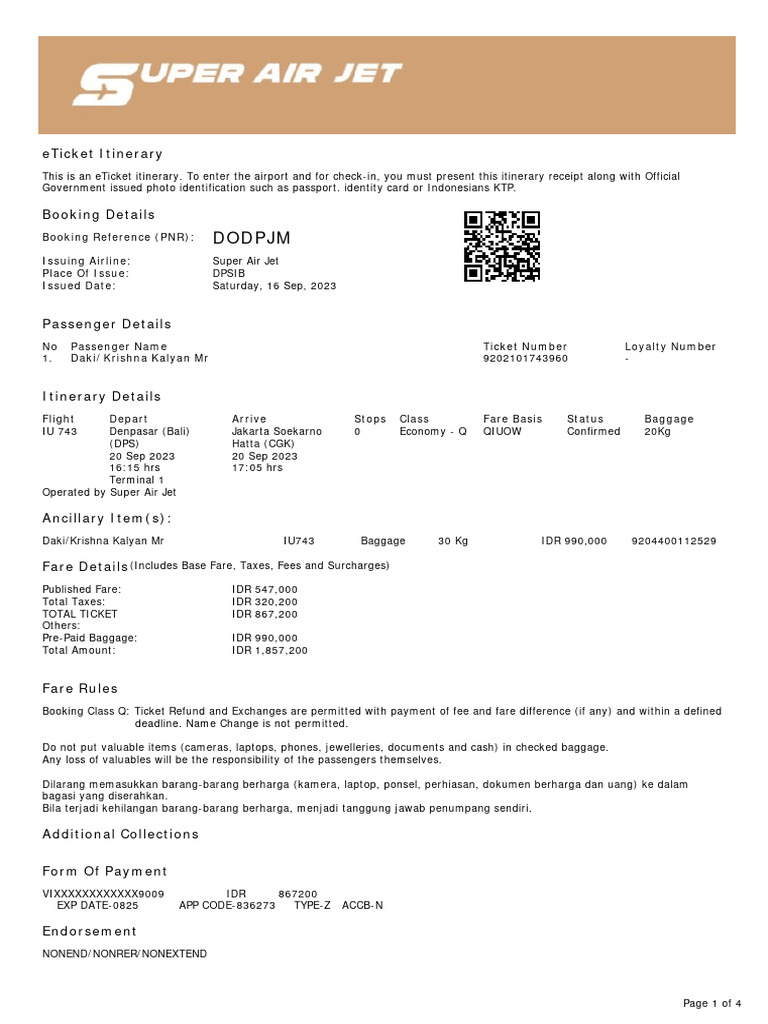 Super Air Jet ETicket (DODPJM) - Daki | PDF | Transport | Aviation