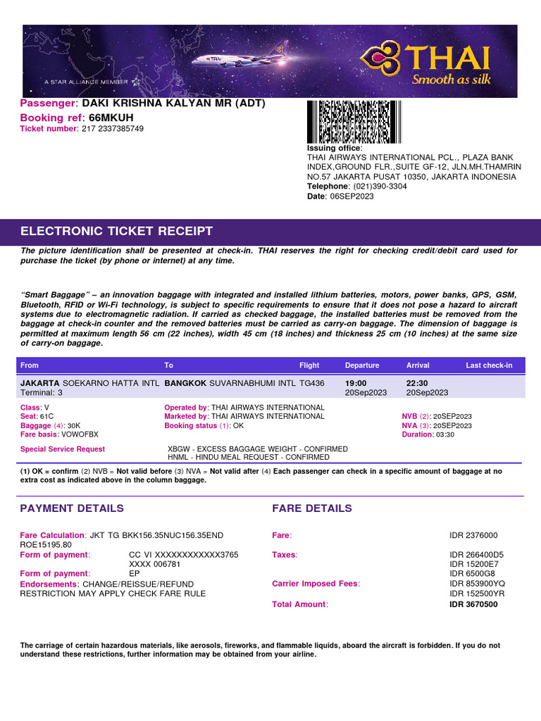 Thai Airways Electronic Ticket Receipt | PDF | Dangerous Goods | Airlines