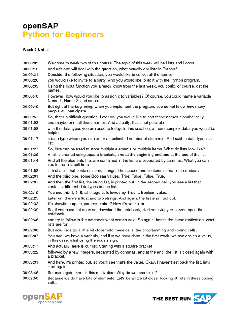 openSAP Python1 Week 2 Transcript | PDF