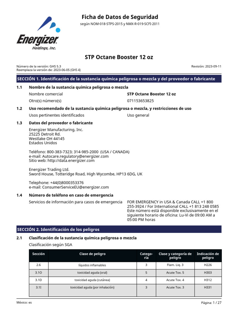 SDS STP Octane Booster 12 Oz MX Es 2023 09 11 | Descargar gratis PDF ...