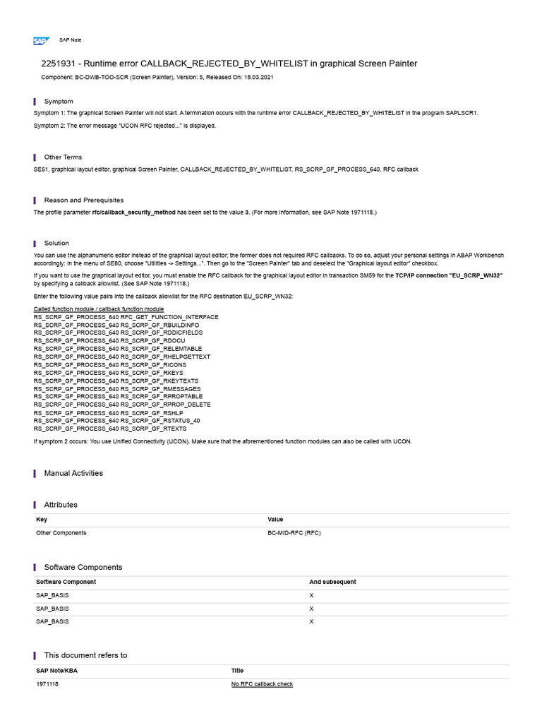 Runtime Error CALLBACK - REJECTED - BY - WHITELIST in Graphical Screen Painter | PDF | Computing ...