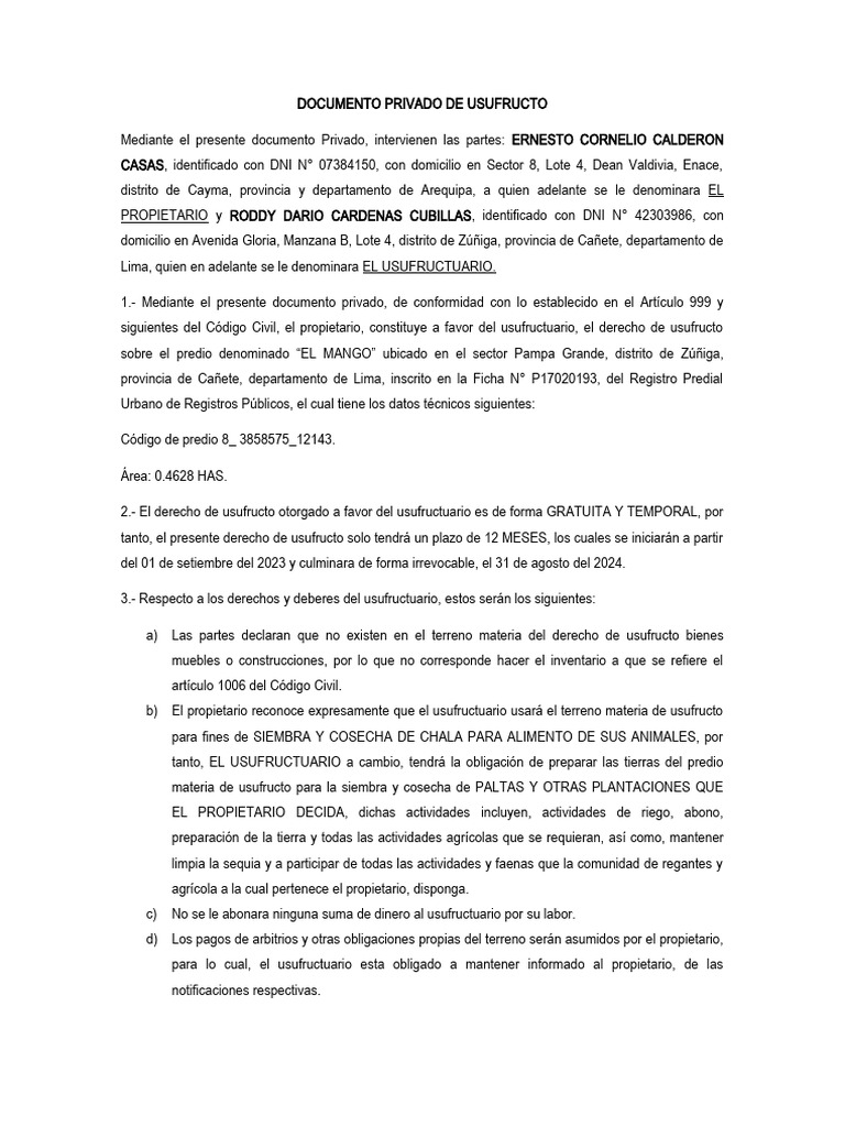 Documento Privado de Usufructo | PDF