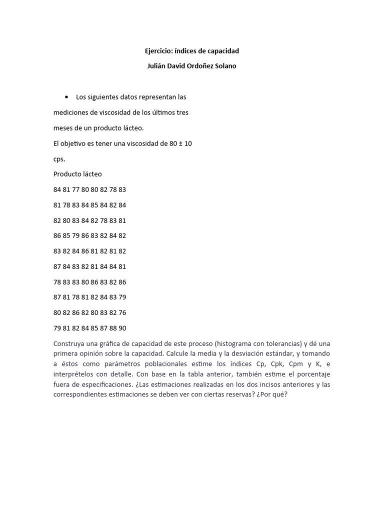 Ejercicio Indices de Capacidad - Julián David Ordoñez Solano | PDF