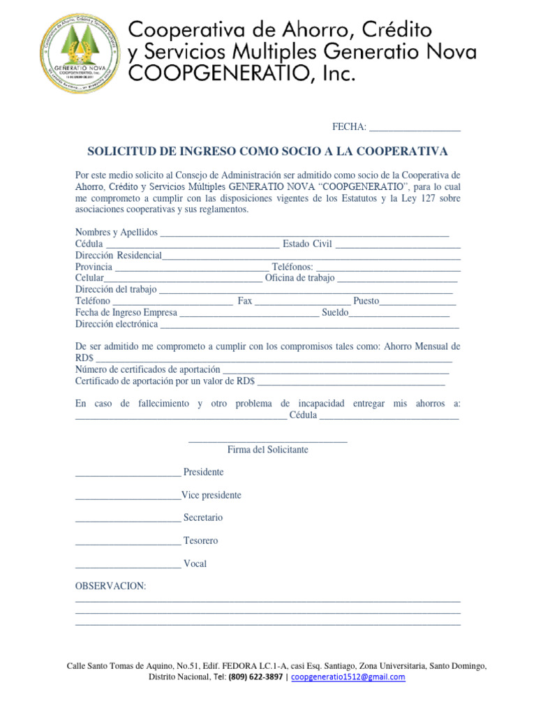 Solicitud de Ingreso General Como Socio A La Cooperativa PDF | PDF