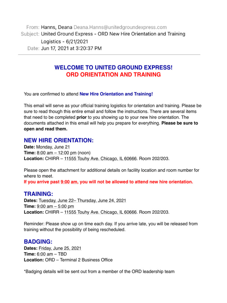 United Ground Express - OrD New Hire Orientation and Training Logistics ...