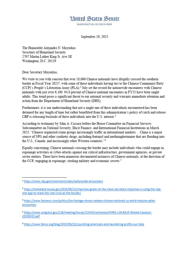 Letter To DHS On Chinese Nationals at The Border | PDF