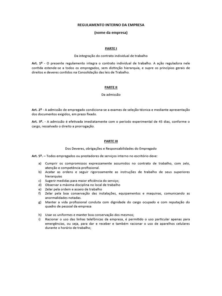 Modelo Regulamento Interno Da Empresa | PDF | Férias trabalhistas | Business