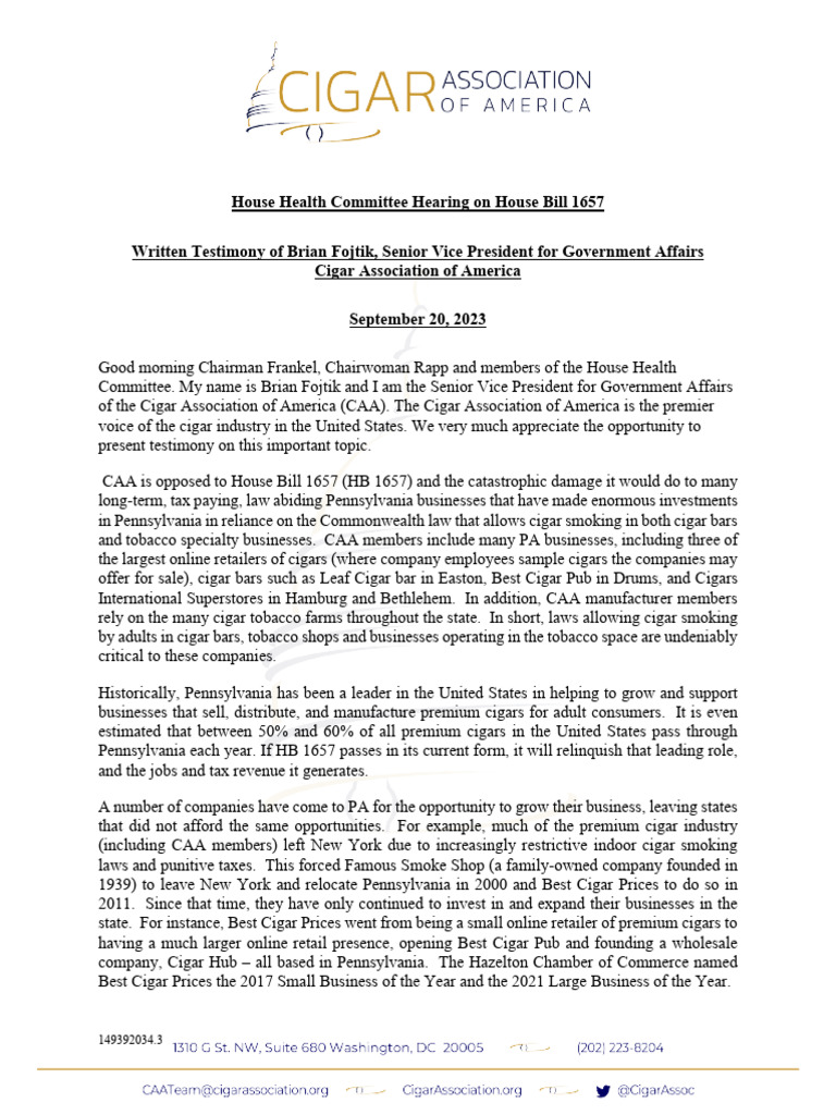 PA Smoking Ban Written Testimony (149392034.3) - C-C | PDF | Cigar ...